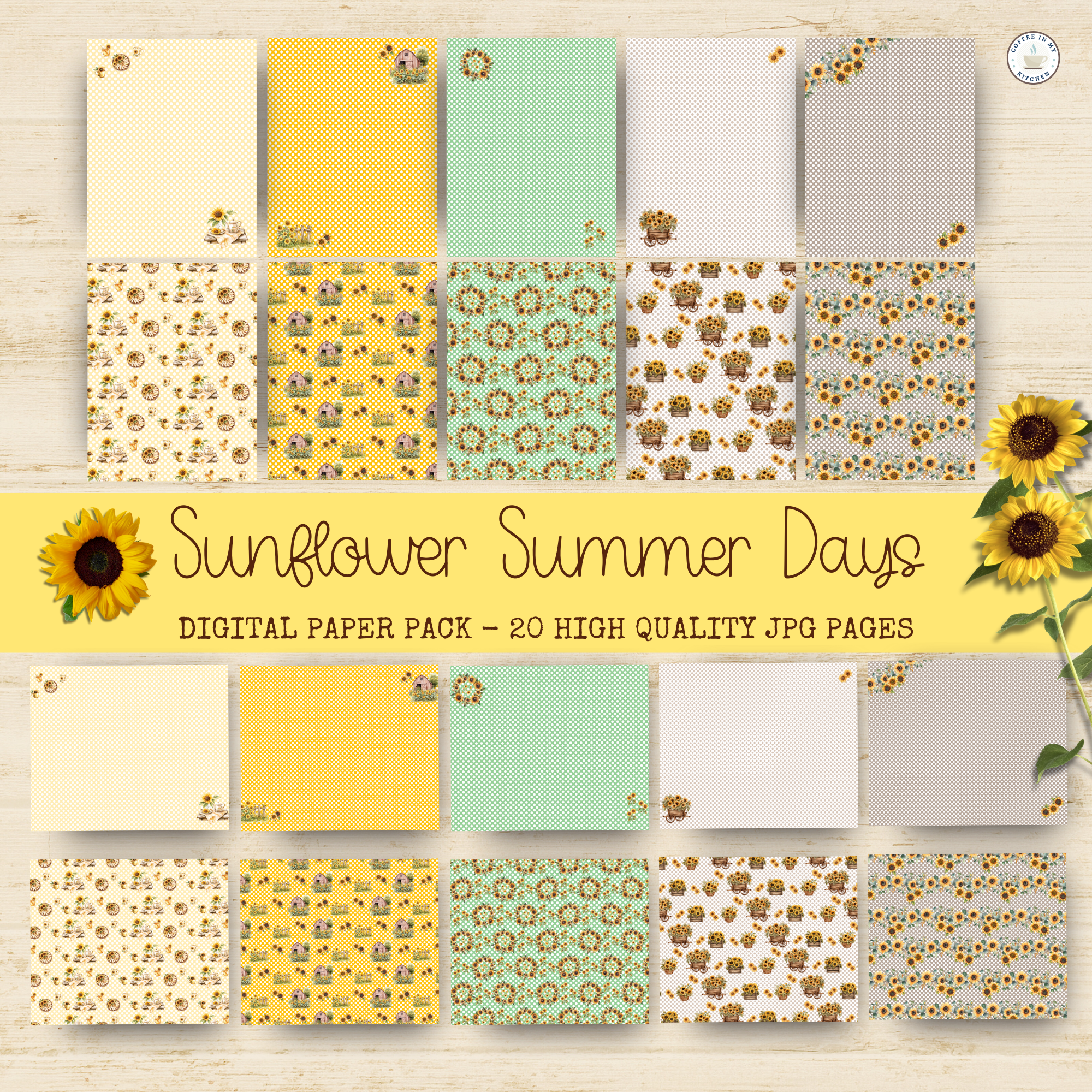 Sunflower Summer Days Digital Paper Pack {DIGITAL DOWNLOAD} – Coffee in ...